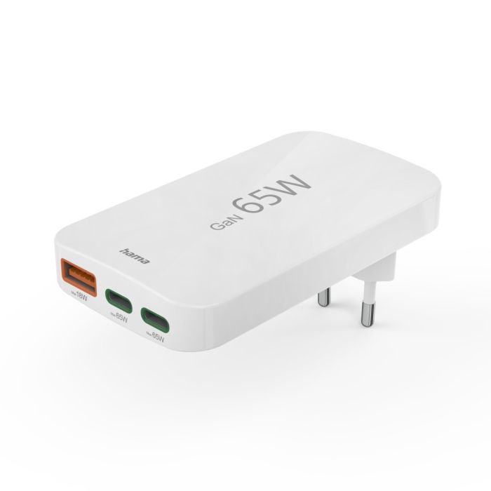 HAMA Brzi Punjac, 2xUSB-C, 1xUSB-A, PD, 65W, Beli Pljosnati Mini