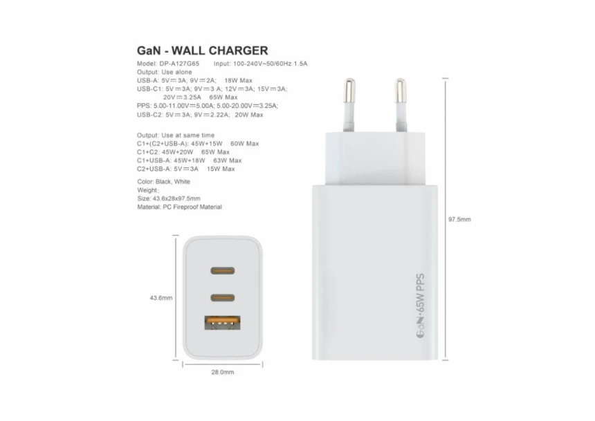 Zidni punjac FULMOVA GAN PD/25W/bela sa USB-C kablom