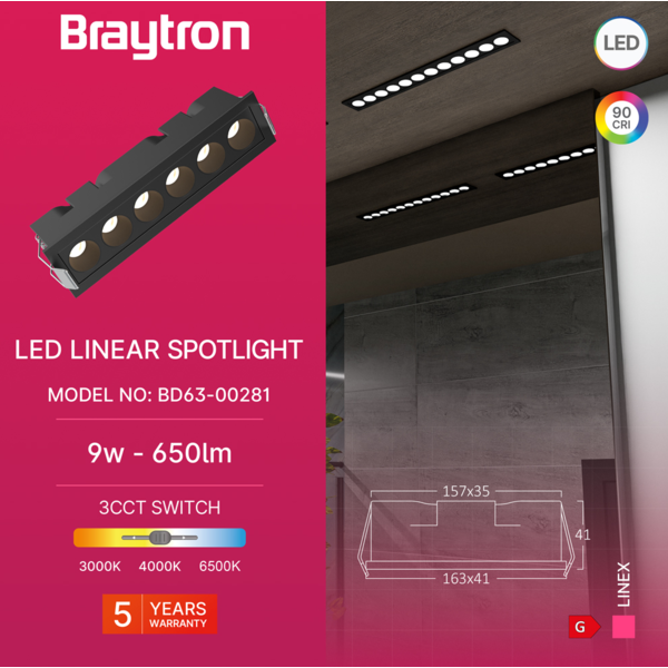 LED linearna svetiljka 9W 3000/4000/6500K crna ugradna BD63-00281 Braytron