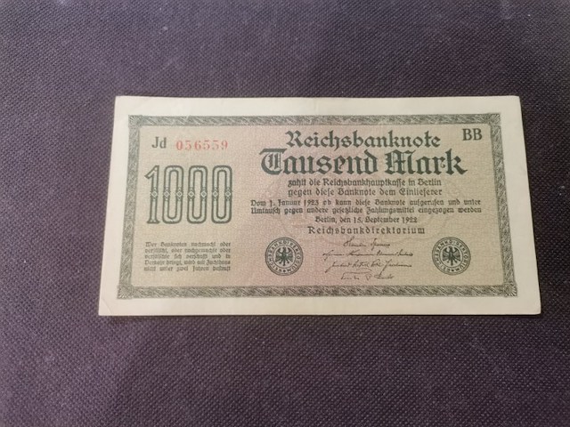GERMANY 1000 MARK 1922 ( 47 )