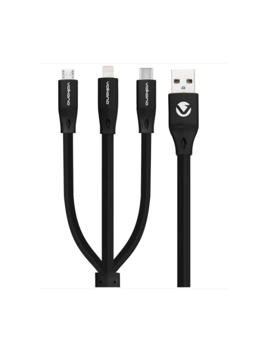 Kabl Volkano VK-20086-BK Slim Series Flat PVC 3-in-1 USB-C/Lightning/Micro