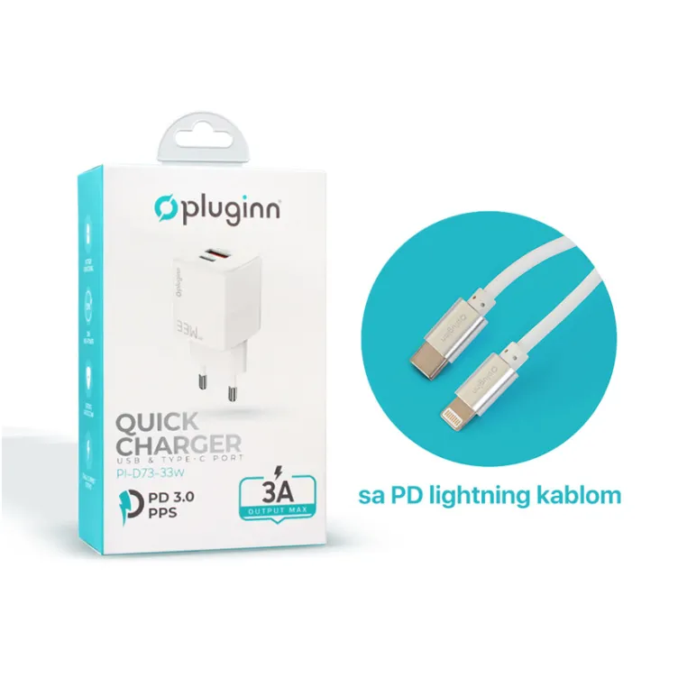 Kucni punjac Pluginn PI-D73, QC3.0 PD3.0, PPS, USB-PD 18W+20W, 38W (total) sa kablom Type-C na iPhone Lightning beli