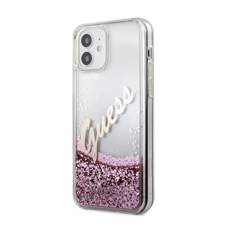 Maska Guess Faceplate Liquid Glitter Vintage Script za iPhone 12 mini pink