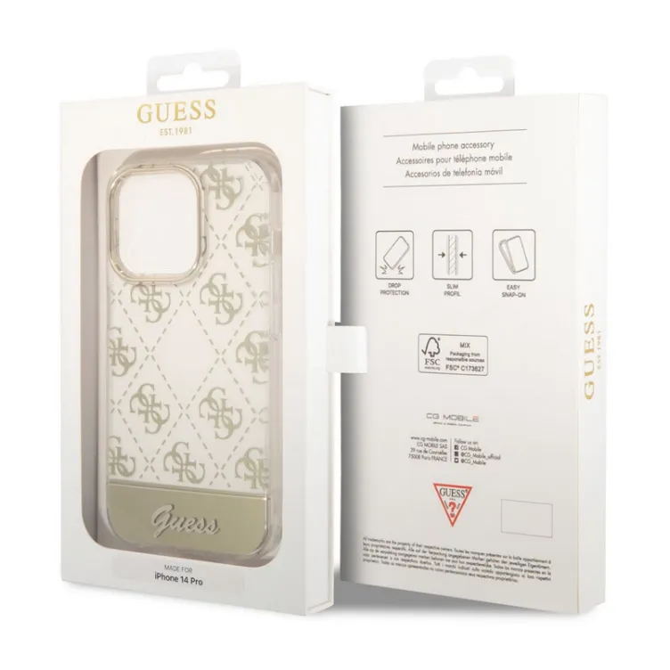 Maska Guess PC/ TPU Peony Glitter Script Logo za iPhone 14 Pro zlatna.