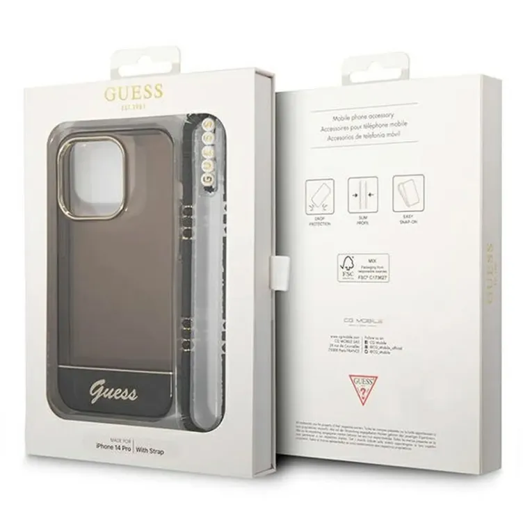 Maska Guess za iPhone 14 Pro hardcase Translucent Pearl Strap crna.