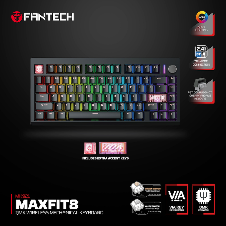 Tastatura Mehanicka Gaming Fantech MK921 Maxfit 8 Wireless black brown switch