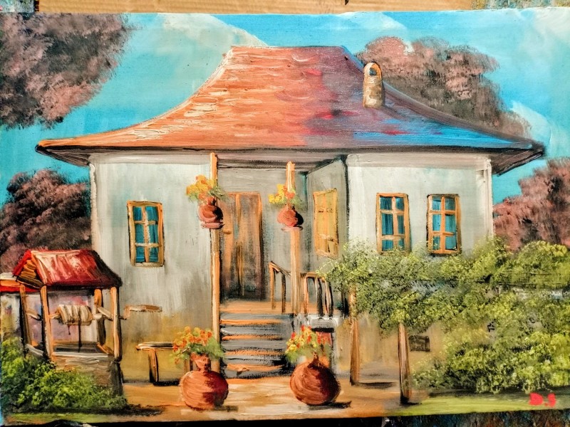 Stara kuca sa bunarom 70x50cm ulje na platnu platnu