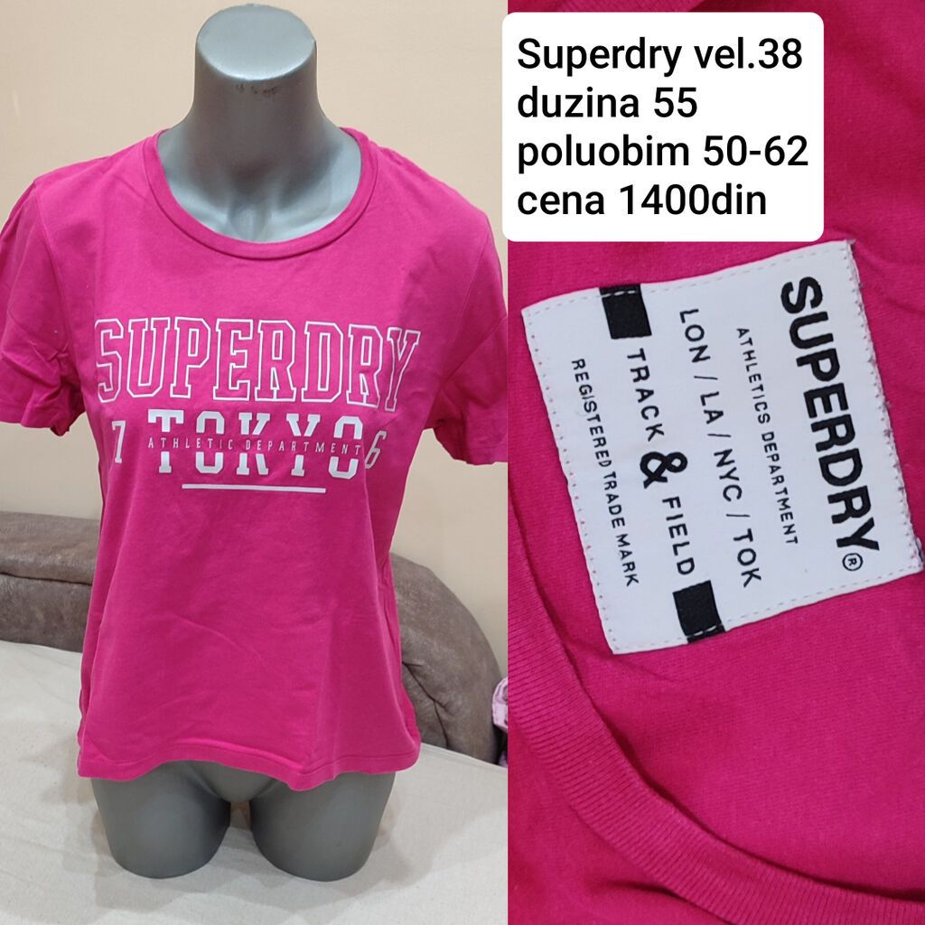 Superdry ženska majica kratkih rukava, fuksija roze boje, sa belim