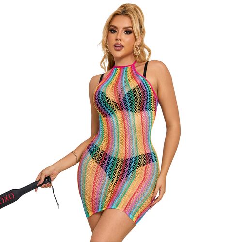Rainbow fishnet dress 1