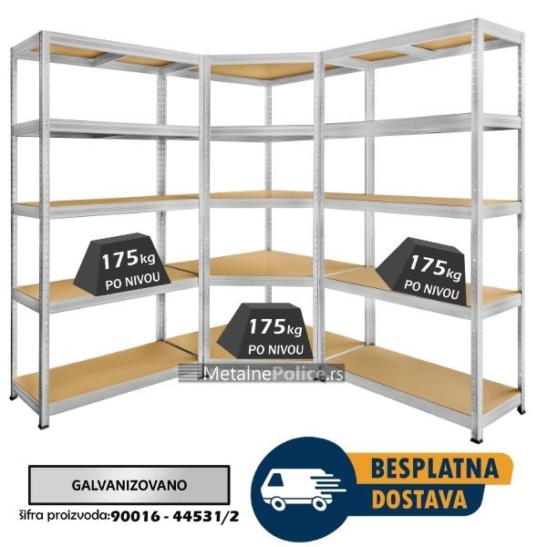 Ugaona polica 180x70x70x40cm + 2 police 180x90x40cm, 5x175kg galva