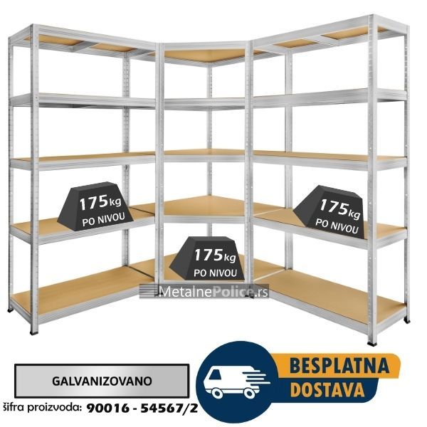 Ugaona polica 180x70x70x40cm + 2 police 180x120x40cm, 5x175kg galva