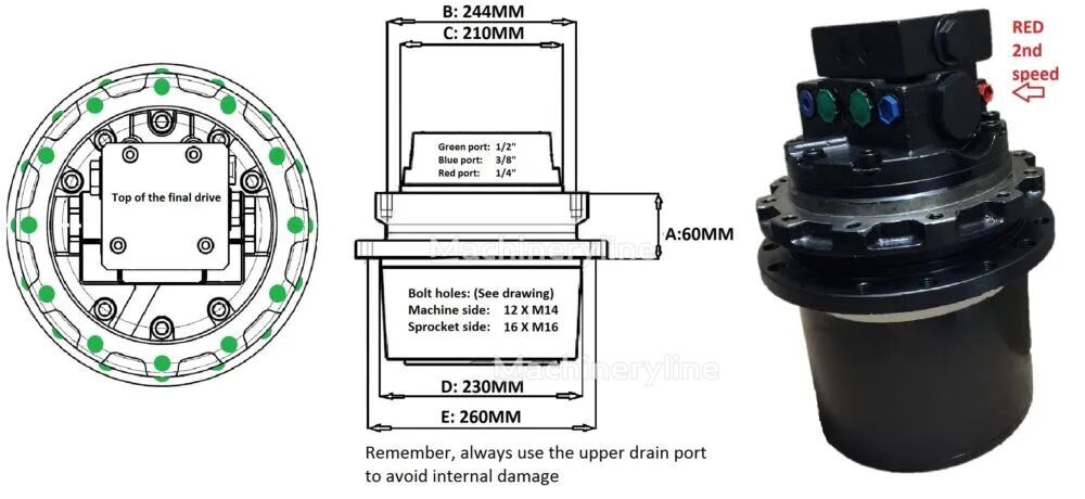 Krajnji pogon za Komatsu PC75-11 cu porturi de scurgere superioare și dimensiuni detaliate građevinske mašine