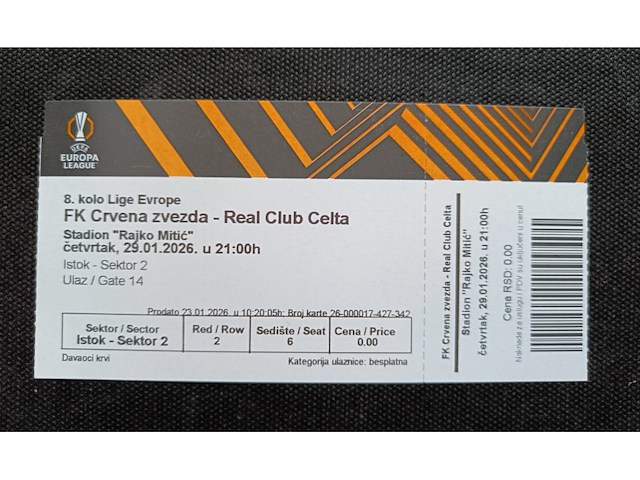 Ulaznica: FK Crvena Zvezda - Selta ( 29.1.2026.) - mint
