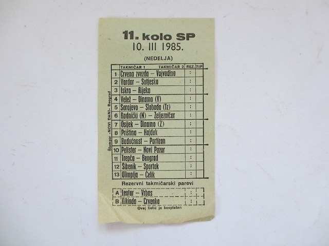 Nepopunjen tiket sportske prognoze iz 1985.