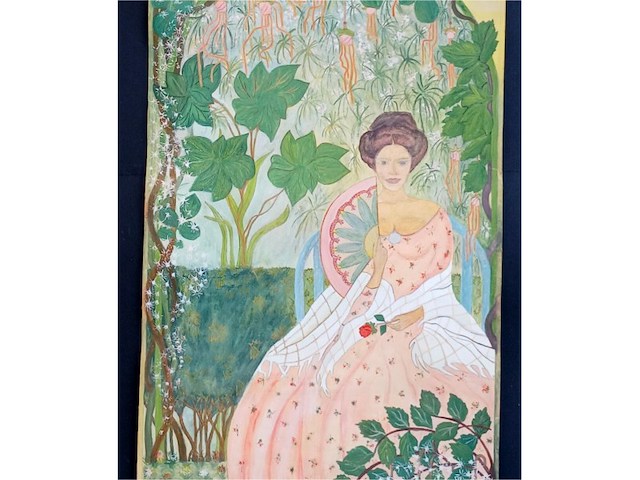 zena u vrtu - stara TEMPERA art nouveau 80 x 38 cm