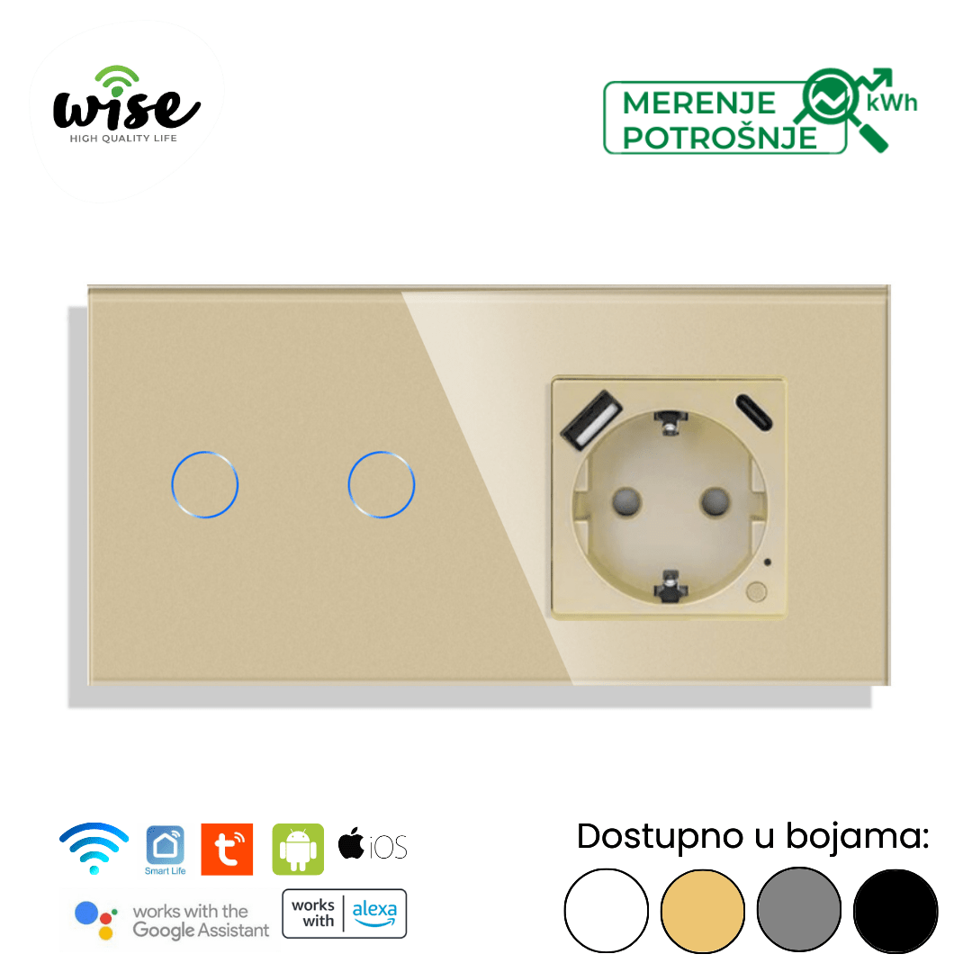Wise modularni set pametan prekidač
2t + pametna utičnica sa A/C punjačem, stakleni panel