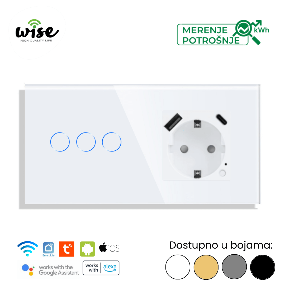 Wise modularni set pametan prekidač
3t + pametna utičnica sa A/C punjačem, stakleni panel