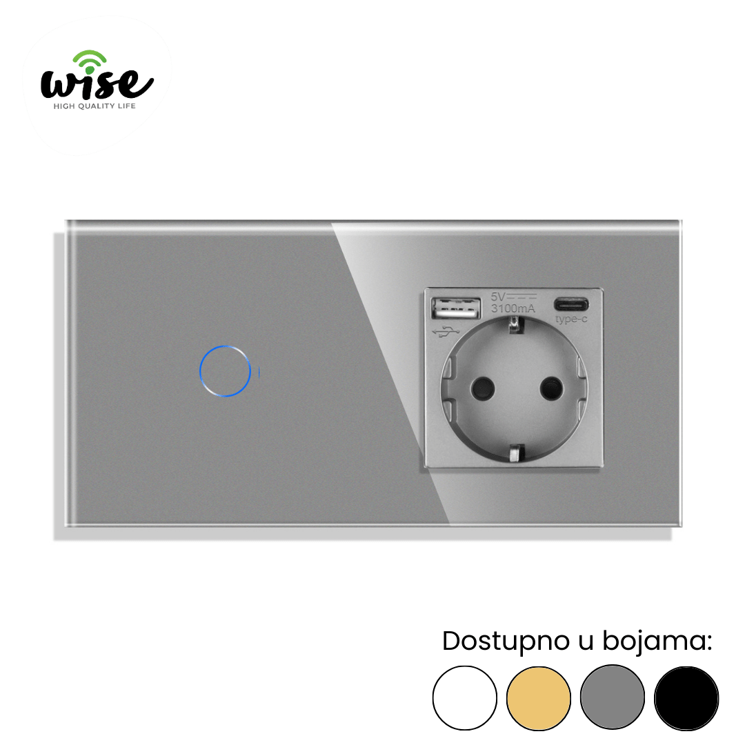 Wise modularni set standardni prekidač
1t + šuko utičnica sa A/C punjačem stakleni panel