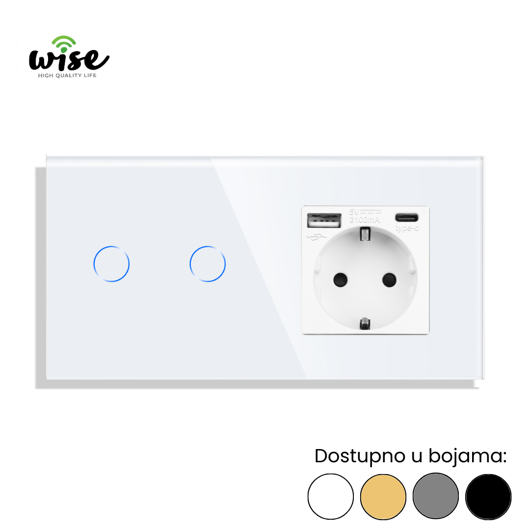 Wise modularni set standardni prekidač
2t + šuko utičnica sa A/C punjačem stakleni panel