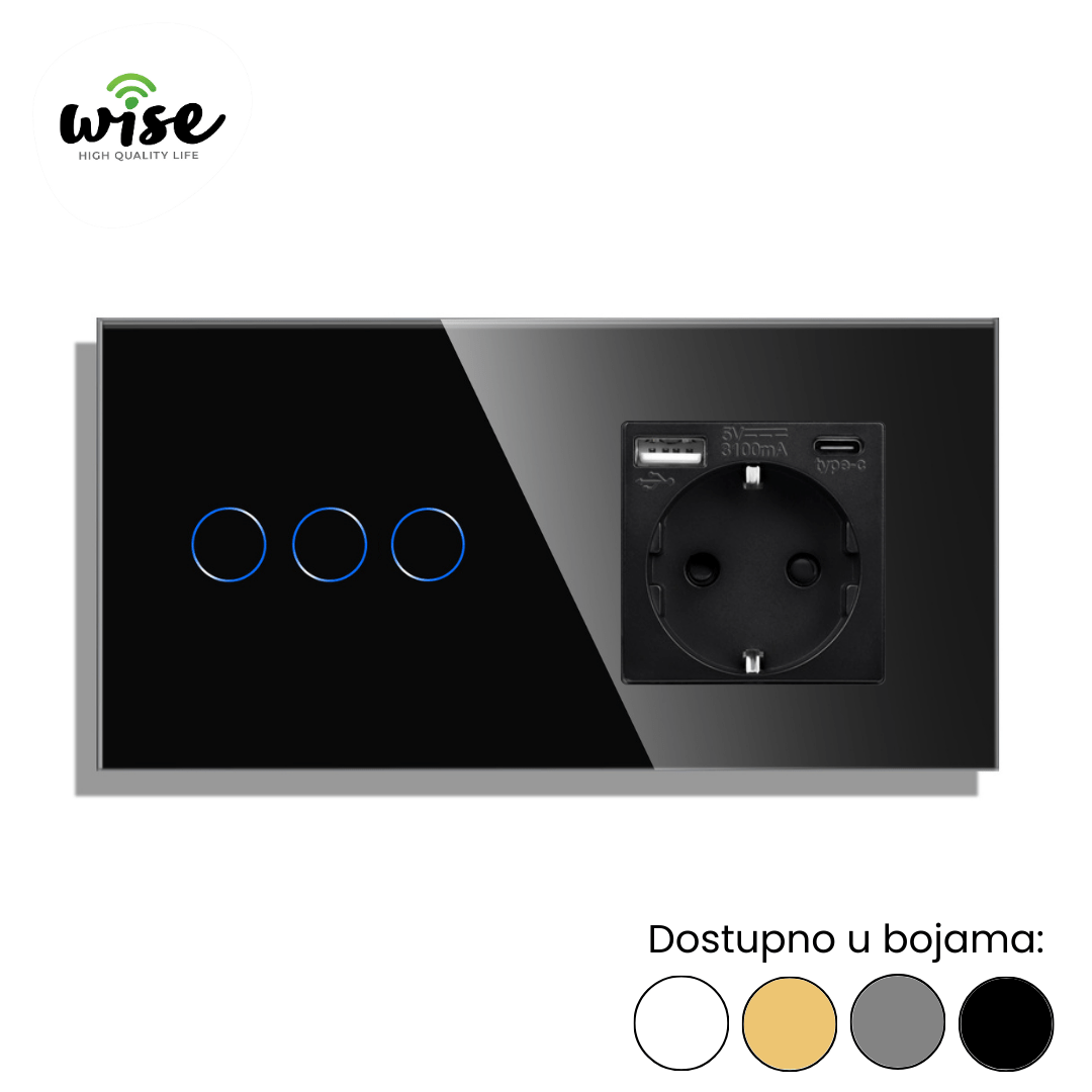Wise modularni set standardni prekidač
3t + utičnica sa polopcem stakleni panel