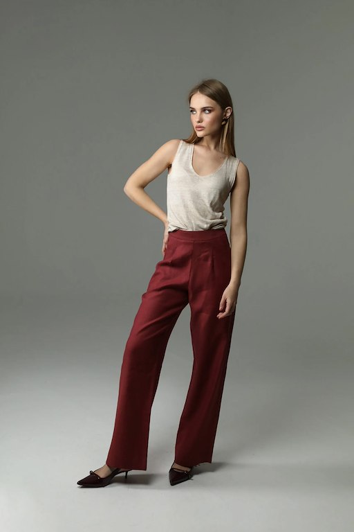 Red Linen Pants ženske bordo pantalone od mešavine lana