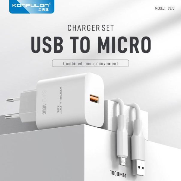 Kućni punjač KONFULON C87Q, sa micro USB kablom beli