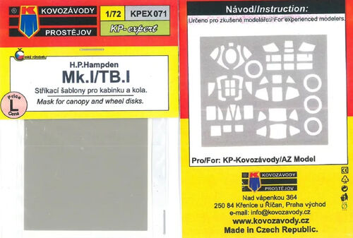 NEW! Kovozavody Prostejov KPEX071 Handley Page Hampden Mk.I / TB.I - Mask for Canopy and Wheel Discs (for Kovozavody Prostejov and AZ Model Kits)