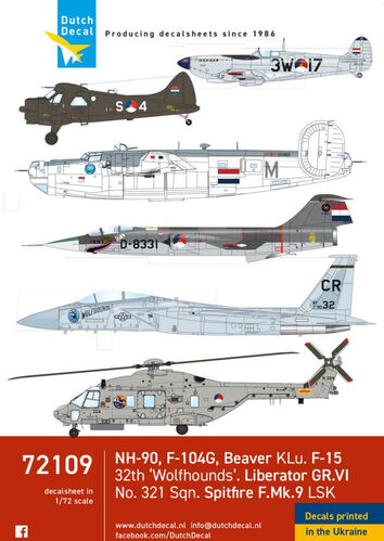 NEW! Dutch Decal 72109 NH-90 / F-104 G Starfighter / de Havilland Beaver / F-15 Eagle / B-24 GR.VI Liberator and Spitfire Mk.IX LSK Decal Set