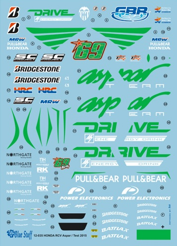 Blue Stuff 12-035 Honda Aspar RCV Moto GP Test 2015 Decals (for Tamiya 14130 Kit)