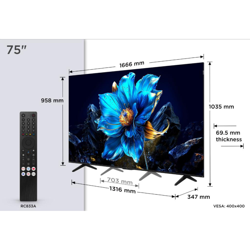 TELEVIZOR TCL 75P7K/QLED/75"/4K UHD/60HZ/GOOGLE TV/CRNA