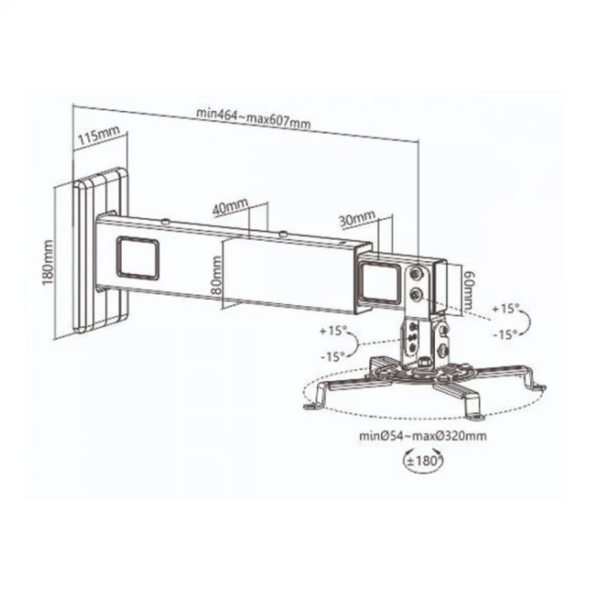 PJWM200BK univerzalni ZIDNI drzac projektora, 15kg, rotirajuci + tilt 30°, 464-607mm