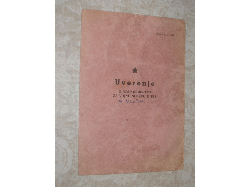 Uverenje o nesposobnosti za JNA, Novi Sad 1969.