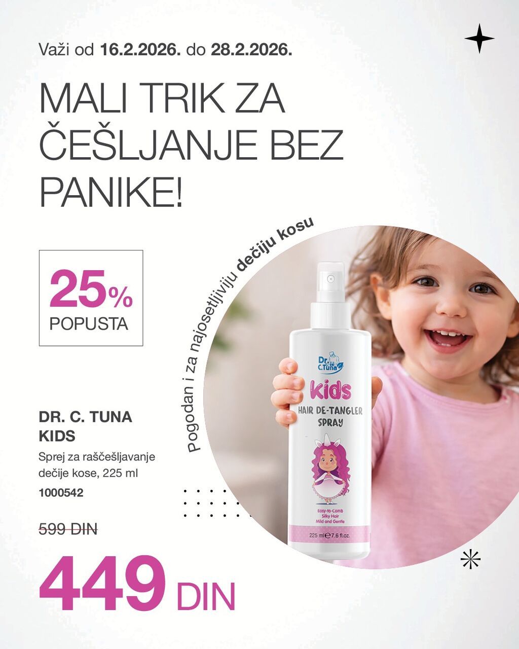 DR. C. TUNA KIDS – Sprej za raščešljavanje dečije kose, 225 ml (šifra