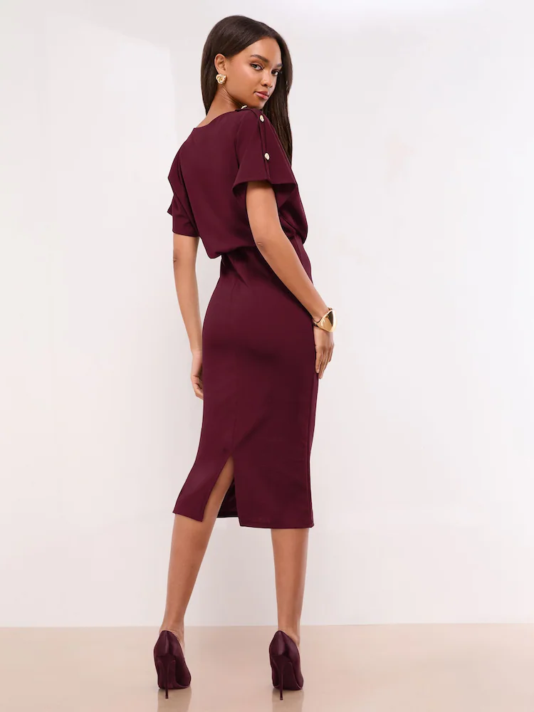 Burgundija Crveno - Lipsy Kratki rukav Blouson Midi Haljina Bodycon