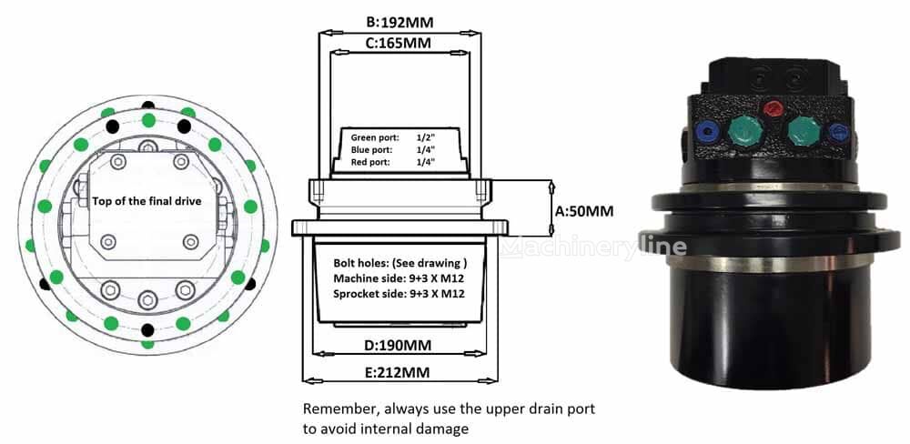 Transmisie Finală pentru Utilaje krajnji pogon za Kubota U35/U55 – Dimensiuni și Porturi Specificate građevinske mašine