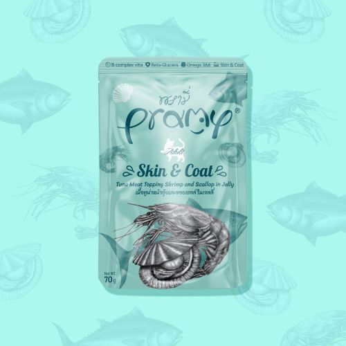 Pramy CAT SKIN&COAT Tuna sa škampima i jakobovim kapicama u želeu 12 x 70 g