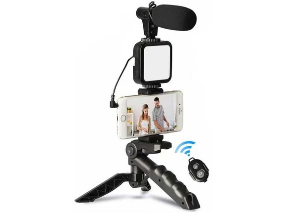 Stativ Tripod za mobilni sa blicem i mikrofonom AY-49 crni