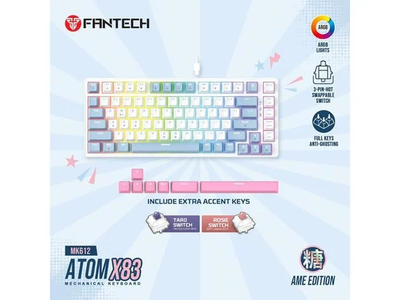 Tastatura mehanička Gaming Fantech MK612 Atom x83 AME bela (taro switch)