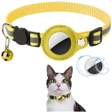 REFLECTIVE PET COLLAR WITH AIRTAG 1/2 HOLDER AND BELL - CATS AND SMALL DOGS - YELLOW