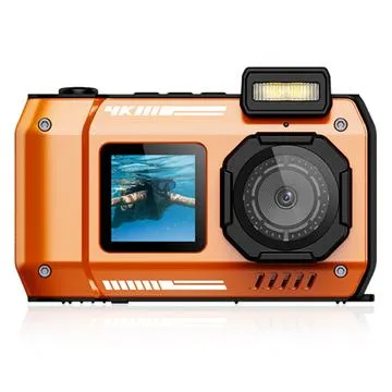 D50 WATERPROOF ACTION CAMERA WITH DUAL SCREEN & 32GB MEMORY CARD - ORANGE