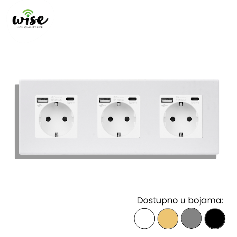 Wise modularni panel sa 3 standardne utičnice
16A + USB A/C punjač – PVC panel
