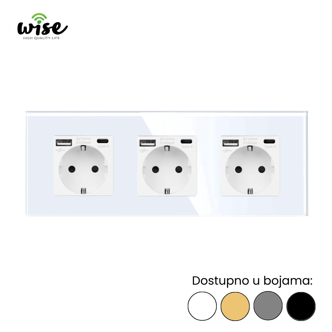 Wise modularni panel sa 3 standardne utičnice 16A + USB A/C punjač – stakleni panel