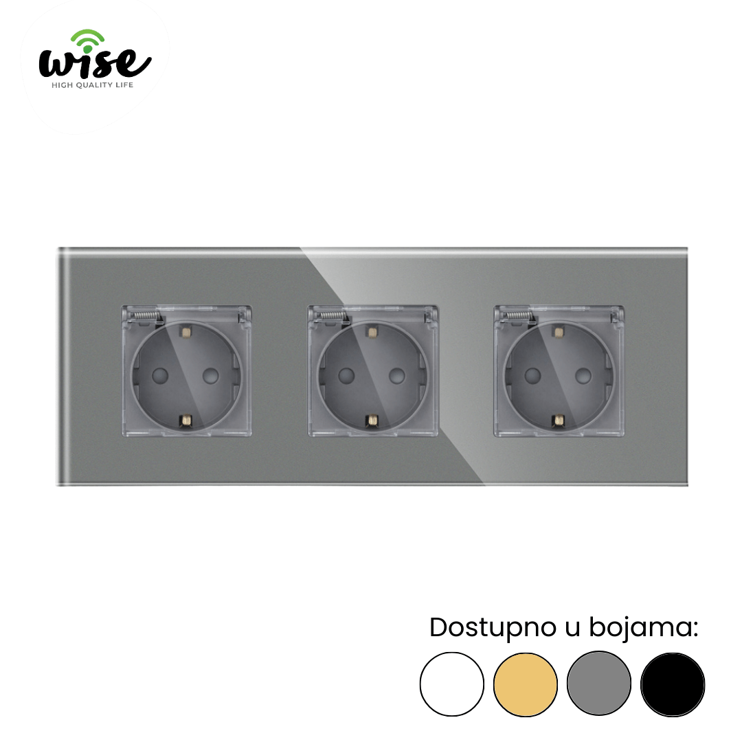 Wise modularni panel sa 3 standardne utičnice 16A sa poklopcem – stakleni panel
