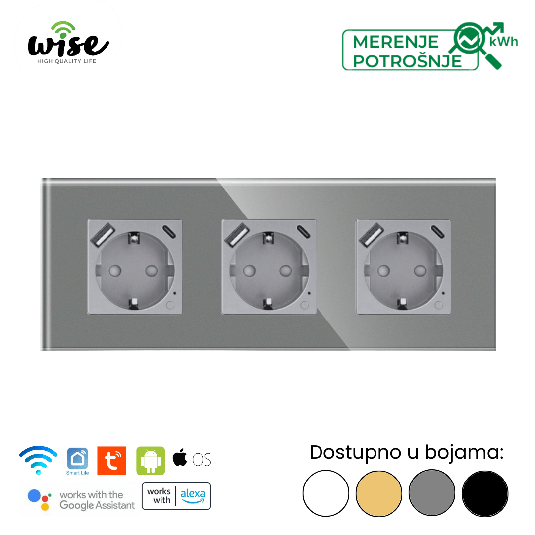 Wise trostruka pametna utičnica 16A sa
merenjem potrošnje + USB A/C punjač
stakleni panel