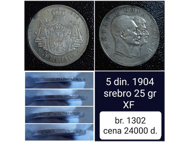 5 dinara 1904 god. srebro 25 gr