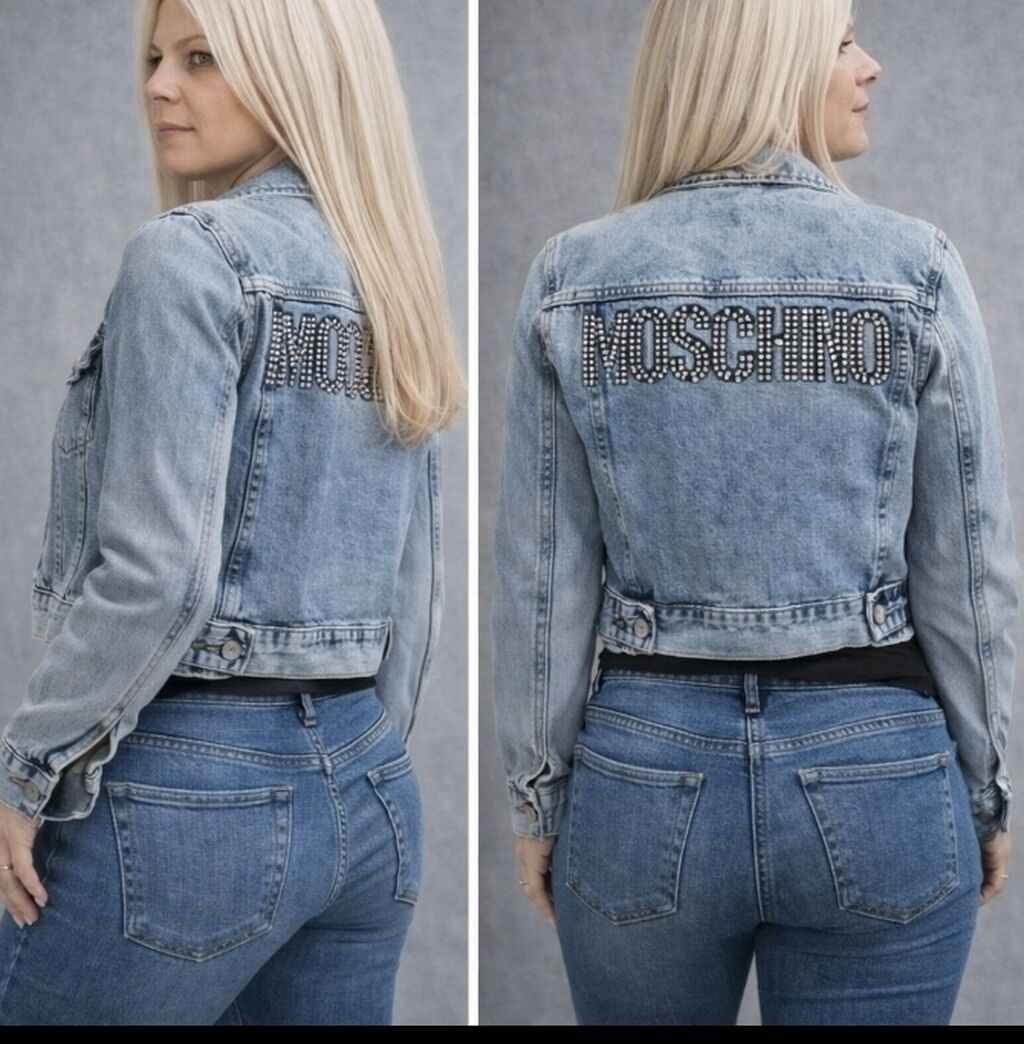 Moschino teksas jakna – ženski kroj, kraća dužina (cropped). -