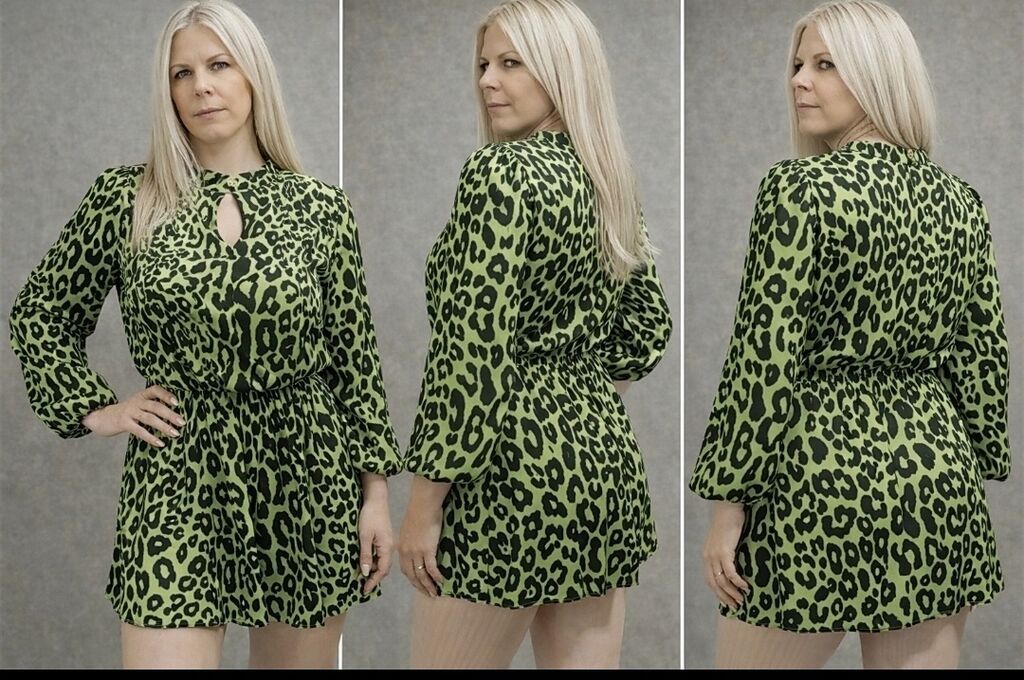 Zelena mini haljina s leopard printom - Kroj: mini dužina, blago