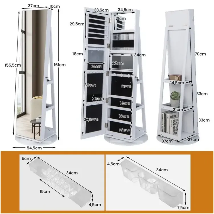 Okretno ogledalo sa ormarićem za nakit i pribor Bela