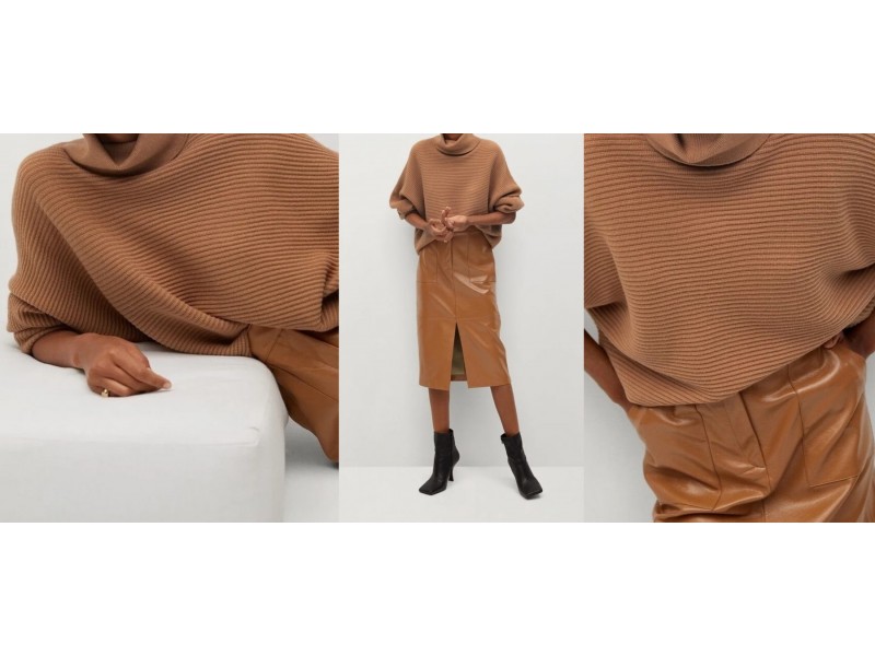 MANGO Oversized Rolka – L – Topla Kamel Boja