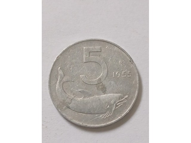 5 Lira 1955.g - Italija - Životinja Delfin